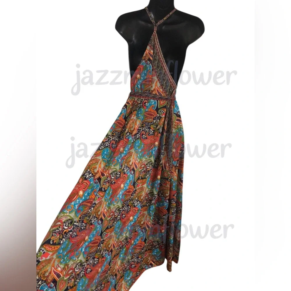 boutique | Dresses | Vneck Rust Turquoise Paisley Look Belted Halter ...
